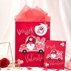 MAYPLUSS 13" Large Valentine's Day Gift Bag with Greeting Card and Tissue Paper - Red Gnome