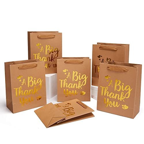 6-Pack Extra Heavy Duty Kraft Paper Bags, 10.3" x 4.5" x 8.2" Medium Gift Bag - Gold Foil"A Big Thank You", Sturdy, Durable Bag for Weddings, Birthdays, Baby Showers, St. Valentine's Day,Washington’s Birthday,St. Patrick’s Day,April Fool’s Day,Easter,Grad