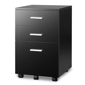 devaise 3 drawer wood mobile file cabinet, rolling filing cabinet for letter/a4 size, black