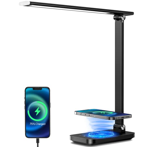 MediAcous LED Desk Lamp with Wireless Charger & USB Charging Port, Eye-Caring Office Desk Lamp, Touch Control Table Lamp with Night Light, 4 Lighting Mode, 5 Brightness, Timer, 6000K, 12V/2A