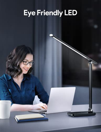 MediAcous LED Desk Lamp with Wireless Charger & USB Charging Port, Eye-Caring Office Desk Lamp, Touch Control Table Lamp with Night Light, 4 Lighting Mode, 5 Brightness, Timer, 6000K, 12V/2A