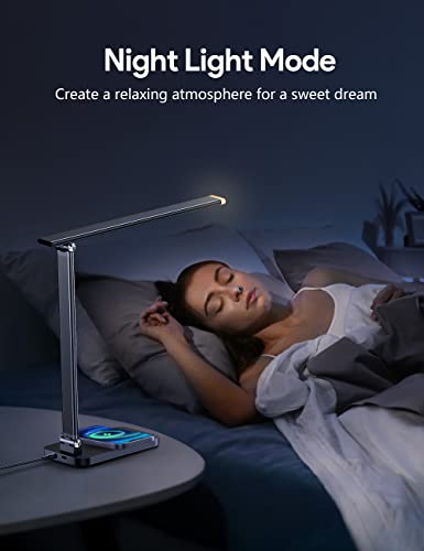 MediAcous LED Desk Lamp with Wireless Charger & USB Charging Port, Eye-Caring Office Desk Lamp, Touch Control Table Lamp with Night Light, 4 Lighting Mode, 5 Brightness, Timer, 6000K, 12V/2A