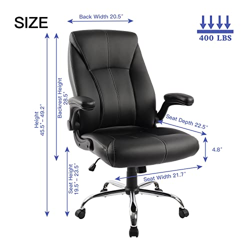 Big and Tall Office Chair for Heavy People 400lb, Executive Desk Computer Chair Adjustable Flip-up Armrests, PU Leather Swivel Task Chair with Ergonomic High Back and Lumbar Support