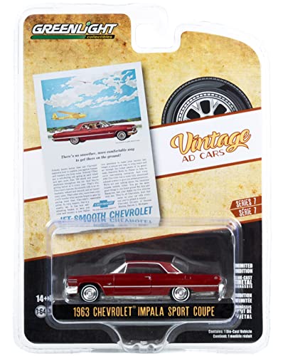 1963 Chevy Impala Sport Coupe Red w/Red Interior Vintage Ad Cars Series 7 1/64 Diecast Model Car by Greenlight 39100 A