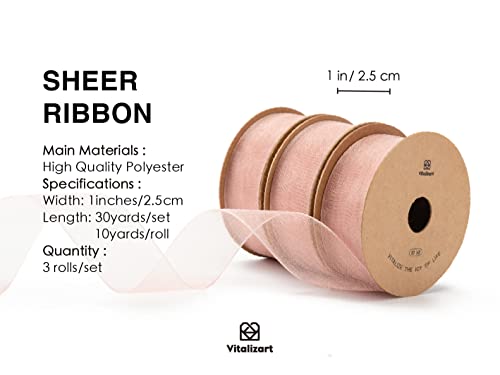 Vitalizart Rose Gold Ribbon Organza Sheer Ribbon 1 inch x 30Yd in Total Handmade Eco-Friendly Fabric Ribbons for Gift Wrapping Christmas Tree Crafts Bows Wedding Invitations Wreaths Wrap