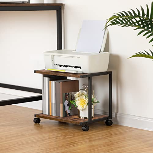 HOOBRO Industrial Printer Stand, 2-Tier Printer Cart with Storage, Printer Table With Adjustable Anti-Skid Feet, Under Desk Storage Cart on Wheels, for Home and Office, Rustic Brown and Black BF42PS01