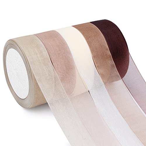 Showin 5 Rolls Organza Ribbon 1" x 25 Yd Each Roll, Sheer Chiffon Ribbon, Transparent Sheer Ribbon for Gift Wrapping, Bouquet, Wedding, Party Decoration