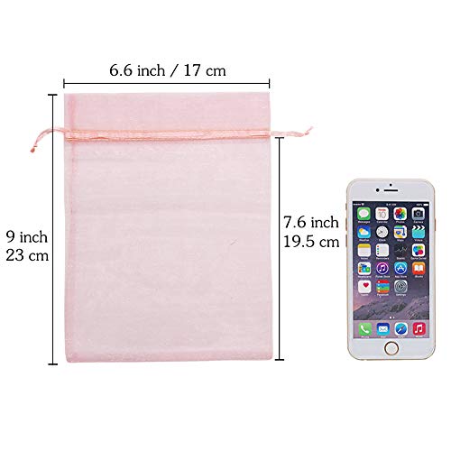 HRX Package 100pcs Blush Pink Organza Bags Large, 6 x 9 inch Drawstring Gift Pouches Mesh Party Favor Bags for Christmas Wedding Baby Shower