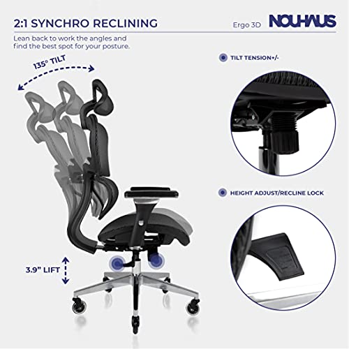 Nouhaus Ergo3D Ergonomic Office Chair - Rolling Desk Chair with 4D Adjustable Armrest, 3D Lumbar Support and Blade Wheels - Mesh Computer Chair, Office Chairs, Executive Swivel Chair (Black)