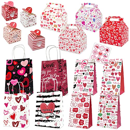 17pcs Valentines Day Gift Bags, Gift Box Set, Candy Bag, Gift Boxes, Small Present Boxes, Gift Bags with Handles, Recycled Party Boxes and Bags, Heart Printed Cardboard Box for Candy, Cookies and Party Favors