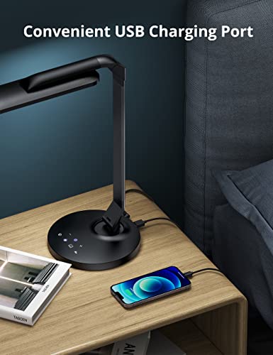 soysout LED Desk Lamp, Dimmable Piano Light, Eye-Caring Table Lamp with USB Charging Port, 4 Color Modes & 4 Brightness Levels,1 Hour Timer for Reading, Study, Working, Black