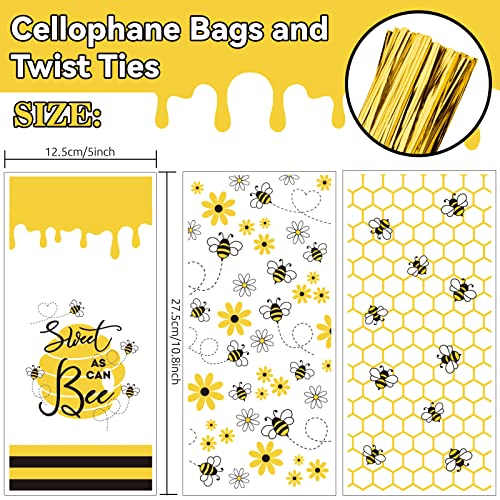 Whaline 150Pcs Bee Party Cello Bags 3 Design Honey Bee Cellophane Bags with Gold Twist Tie Cute Plastic Party Candy Goodie Treat Bags for Birthday Baby Shower Party Favor Supplies