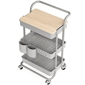 3 tier rolling cart, with table top, rolling storage cart with handles and locking wheels, utility cart with 2 small baskets and 4 hooks for bathroom. office, balcony, living room (grey)