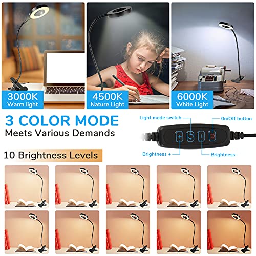 Clip on Desk Lamps,48 LEDs 360°Flexible Gooseneck Reading Table Light,3 Color Modes, 10 Dimmable Brightness, Eye-Caring USB Clamp Books Night Light for Home, Office, Dorm, Study, Work (Black)2