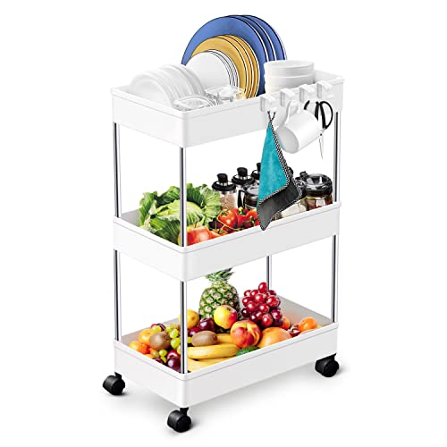 KPX Bathroom Rolling Storage Cart with Wheels Kitchen Utility Cart Casters Mobile Laundry Organizer Shelves for Room Organizers, Make Up, Home School, Dorm Room Office Essentials (3-Tier, White)