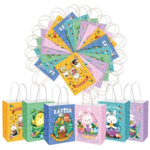 kinqkeso 24 pcs easter gift bags,easter bags with handles for easter egg hunt,easter treat bags with happy easter eggs bunny designs for kids easter party favor supplies