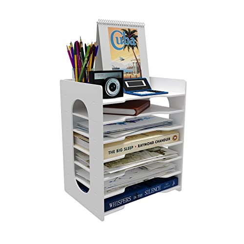 Natwind Office 7 Tiers File Paper Organizer for Desk Desktop White File Holder Office Desk Organizer Mail Letter Tray & Paper Sorter Document Notebooks Storage Rack for Home Office School Classroom