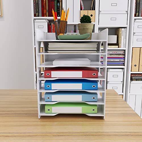 Natwind Office 7 Tiers File Paper Organizer for Desk Desktop White File Holder Office Desk Organizer Mail Letter Tray & Paper Sorter Document Notebooks Storage Rack for Home Office School Classroom