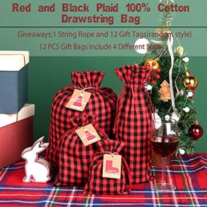 XCFWin 12 Pack Of Christmas Gift Bags With Drawstring Reusable Designs For Christmas Party Supplies Favors (red and black, mixed size)