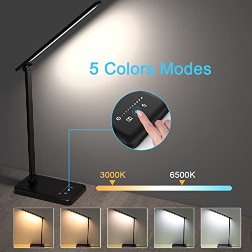 ONSTUY Desk Lamp,Dimmable Eye-Caring LED Table Lamp,5 Light Modes and 5 Brightness Levels,Touch Control,Auto Timer,Bedside Lamp with USB Charging Port for Study,Home,Office,Bedroom,Reading,Work