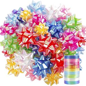 weltoke 72 gift bows assortment with 18 rolls curling ribbons, holiday bows for gift wrapping, christmas wrapping ribbon, crafting, wedding, party, festival, florist flower(9 rainbow colors)