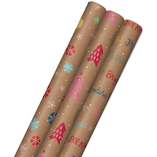 Hallmark Colorful Recyclable Christmas Wrapping Paper with Cut Lines on Reverse (3 Rolls: 90 sq. ft. ttl) Kraft Brown with Snowflakes, Pink Trees, "All Kinds of Merry"