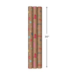 Hallmark Colorful Recyclable Christmas Wrapping Paper with Cut Lines on Reverse (3 Rolls: 90 sq. ft. ttl) Kraft Brown with Snowflakes, Pink Trees, "All Kinds of Merry"