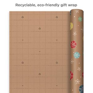 Hallmark Colorful Recyclable Christmas Wrapping Paper with Cut Lines on Reverse (3 Rolls: 90 sq. ft. ttl) Kraft Brown with Snowflakes, Pink Trees, "All Kinds of Merry"