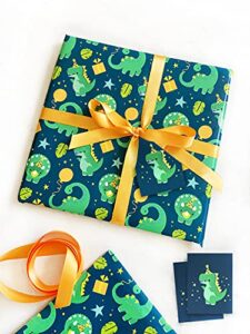 dinosaur wrapping paper gift set – birthday wrapping paper for boys – w/ 27″ x 39″ folded gift wrap (3) + 3 meters of ribbon & 3 gift tags – cute wrapping paper, baby boy wrapping paper for baby showers, dinosaur birthday party, & more