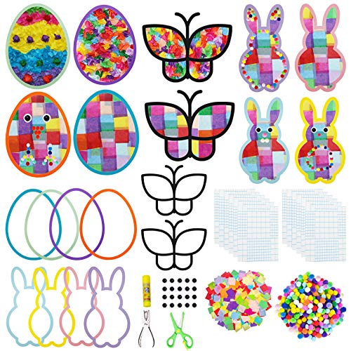 Exquiss Easter Tissue Paper Suncatcher Crafts-Bunny+Egg+Butterfuly Suncatchers Crafts with 1600pcs Craft Kits for Kids Easter Crafts Suncatchers Easter DIY Activities School Art Crafts