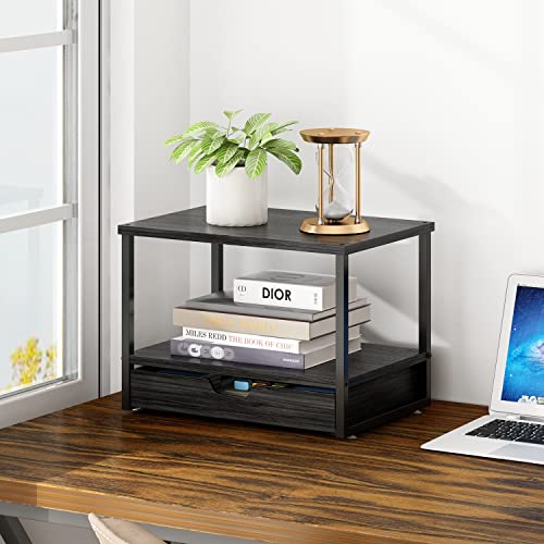 Simple Trending 2 Tier Desktop Printer Stand with Sliding Wood Storage Drawer, Multi-Purpose Desk Organizer for Fax Machine, Scanner, Files, Books, Black