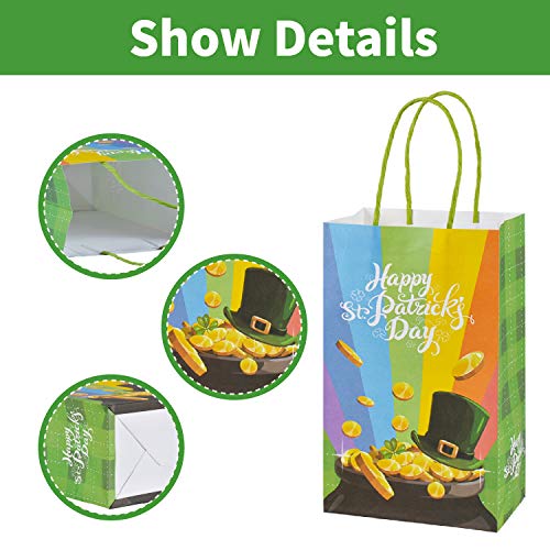 Gatherfun Saint Patrick’s Day Gift Bag Lucky Green Shamrock Rainbow Paper Gift Bag with Handle for Green Irish Party Decorations, 24PCS