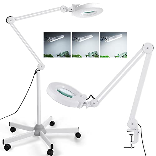 8X Magnifying Glass with Light and Stand, Veemagni Floor Lamp with 5-Wheel Rolling Base for Facials Lash Estheticians, 1,500 Lumens Dimmable LED Lighted Magnifier for Eyelash Extensions Reading Crafts