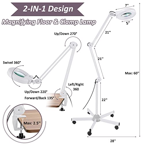 8X Magnifying Glass with Light and Stand, Veemagni Floor Lamp with 5-Wheel Rolling Base for Facials Lash Estheticians, 1,500 Lumens Dimmable LED Lighted Magnifier for Eyelash Extensions Reading Crafts