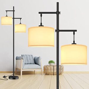 Modern Farmhouse Floor Lamp for Living Room, 2-Light 69.3in Tall Standing Lamp for Bedroom Office, Black Industrial Pole Light Reading Lamp, Stand Up Lights with White Fabric Shades & Foot Switch