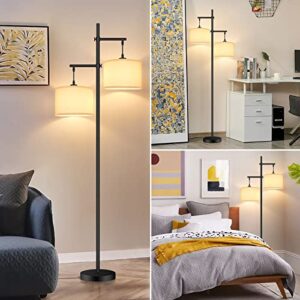 Modern Farmhouse Floor Lamp for Living Room, 2-Light 69.3in Tall Standing Lamp for Bedroom Office, Black Industrial Pole Light Reading Lamp, Stand Up Lights with White Fabric Shades & Foot Switch