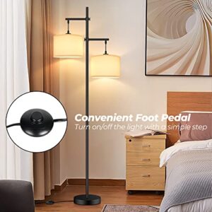 Modern Farmhouse Floor Lamp for Living Room, 2-Light 69.3in Tall Standing Lamp for Bedroom Office, Black Industrial Pole Light Reading Lamp, Stand Up Lights with White Fabric Shades & Foot Switch