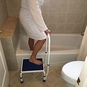 AdjustaStep(tm) Deluxe Step Stool/Footstool with Handle/Handrail, Height Adjustable. 2 Products in 1. Modern White/Blue Design. Padded Non-Slip Handle. 300 lb. Capacity