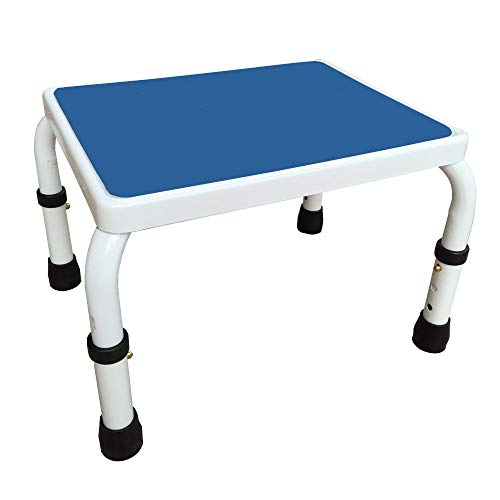 AdjustaStep(tm) Deluxe Step Stool/Footstool with Handle/Handrail, Height Adjustable. 2 Products in 1. Modern White/Blue Design. Padded Non-Slip Handle. 300 lb. Capacity