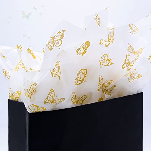 MR FIVE White with Metallic Gold Butterfly Tissue Paper Bulk,20" x 28",Gold Butterfly Design Tissue Paper for Gift Bags,Gold Gift Wrapping Tissue Paper,30 Sheets