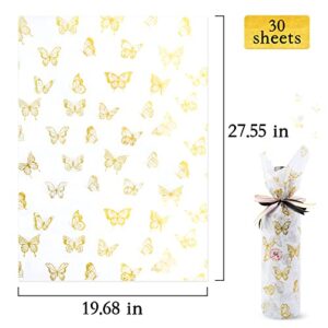 MR FIVE White with Metallic Gold Butterfly Tissue Paper Bulk,20" x 28",Gold Butterfly Design Tissue Paper for Gift Bags,Gold Gift Wrapping Tissue Paper,30 Sheets