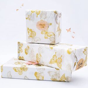 MR FIVE White with Metallic Gold Butterfly Tissue Paper Bulk,20" x 28",Gold Butterfly Design Tissue Paper for Gift Bags,Gold Gift Wrapping Tissue Paper,30 Sheets