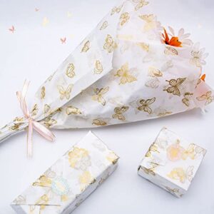 MR FIVE White with Metallic Gold Butterfly Tissue Paper Bulk,20" x 28",Gold Butterfly Design Tissue Paper for Gift Bags,Gold Gift Wrapping Tissue Paper,30 Sheets