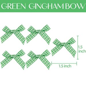 AIMUDI Mini Green Bows for St. Patrick's Day 1.5 Inch Small Gingham Bows Pre-Tied Small Green Plaid Bows Green and White Buffalo Plaid Bows for Crafts Invitation Card Flower Applique - 100 Counts