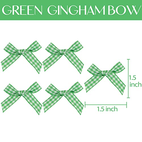 AIMUDI Mini Green Bows for St. Patrick's Day 1.5 Inch Small Gingham Bows Pre-Tied Small Green Plaid Bows Green and White Buffalo Plaid Bows for Crafts Invitation Card Flower Applique - 100 Counts