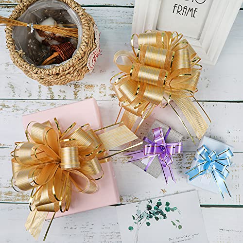 AKLVBL 10 PCS Large Pull Bow Gift Wrapping Bows, Pull Bow with Ribbon for Wedding Gift Baskets, Party Gift Wrap Bows, Presents Decorating Bows (Gold)