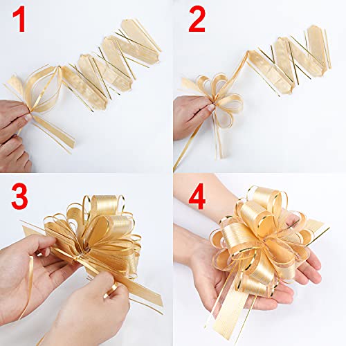 AKLVBL 10 PCS Large Pull Bow Gift Wrapping Bows, Pull Bow with Ribbon for Wedding Gift Baskets, Party Gift Wrap Bows, Presents Decorating Bows (Gold)