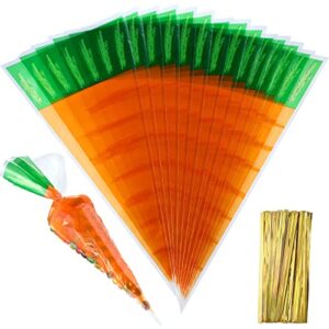 boao 200 counts easter carrot patterned cone cellophane bags treat goody bags with 200 pieces gold twist ties for easter party favor