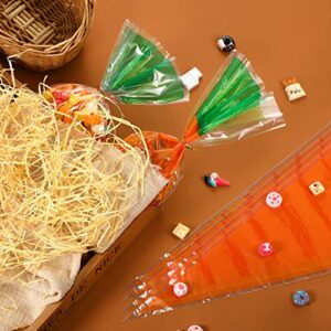 Boao 200 Counts Easter Carrot Patterned Cone Cellophane Bags Treat Goody Bags with 200 Pieces Gold Twist Ties for Easter Party Favor