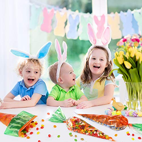 Boao 200 Counts Easter Carrot Patterned Cone Cellophane Bags Treat Goody Bags with 200 Pieces Gold Twist Ties for Easter Party Favor